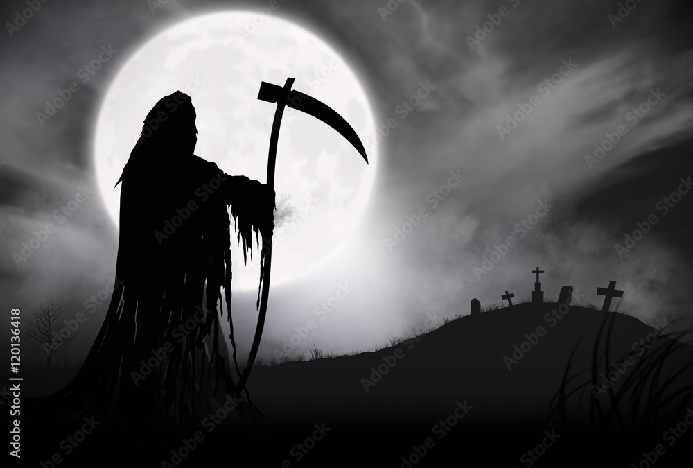 Illustration - Silhouette of a Grim Reaper or fantasy evil spirit in a ...