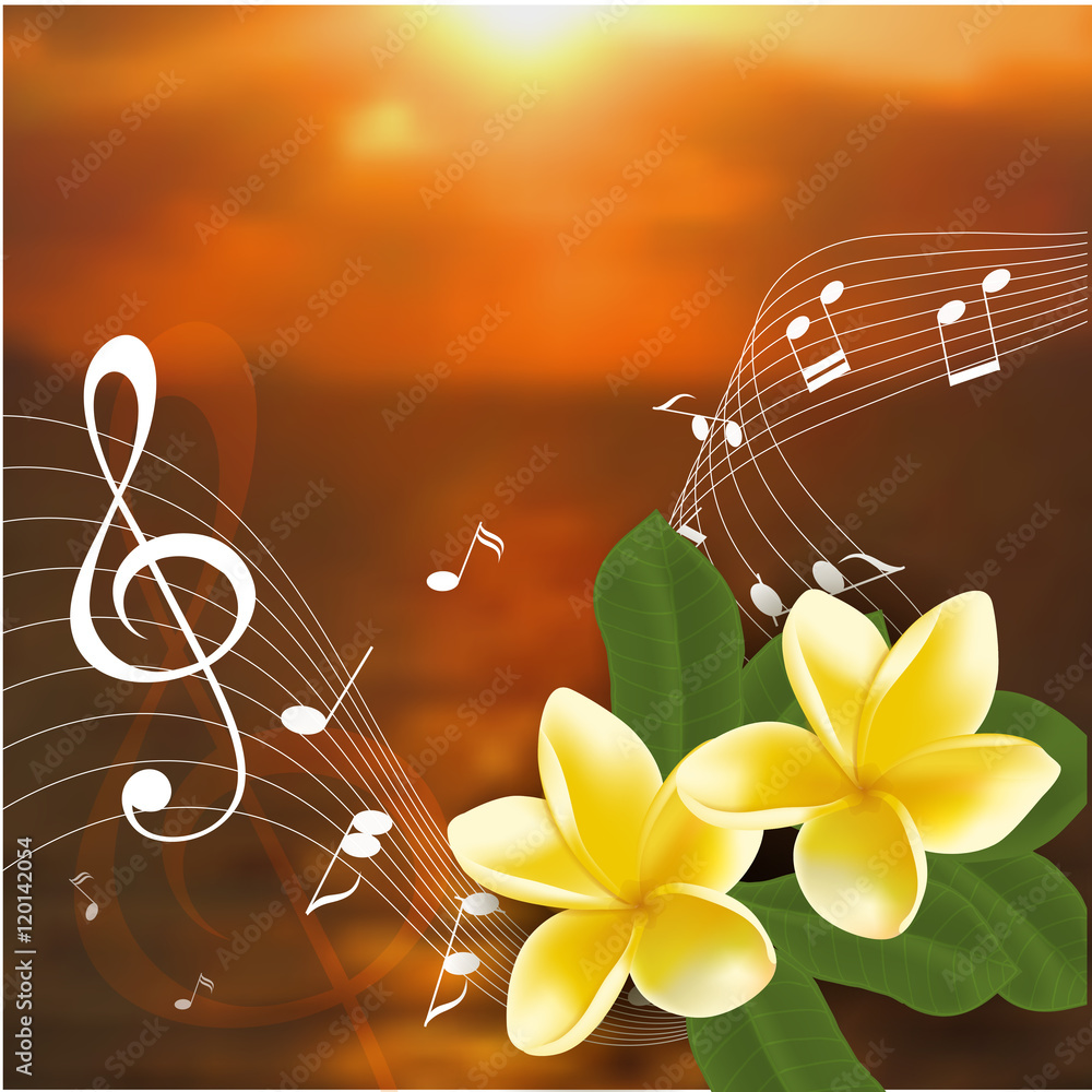 Summer music party template with realistic frangipani, notes and key ...