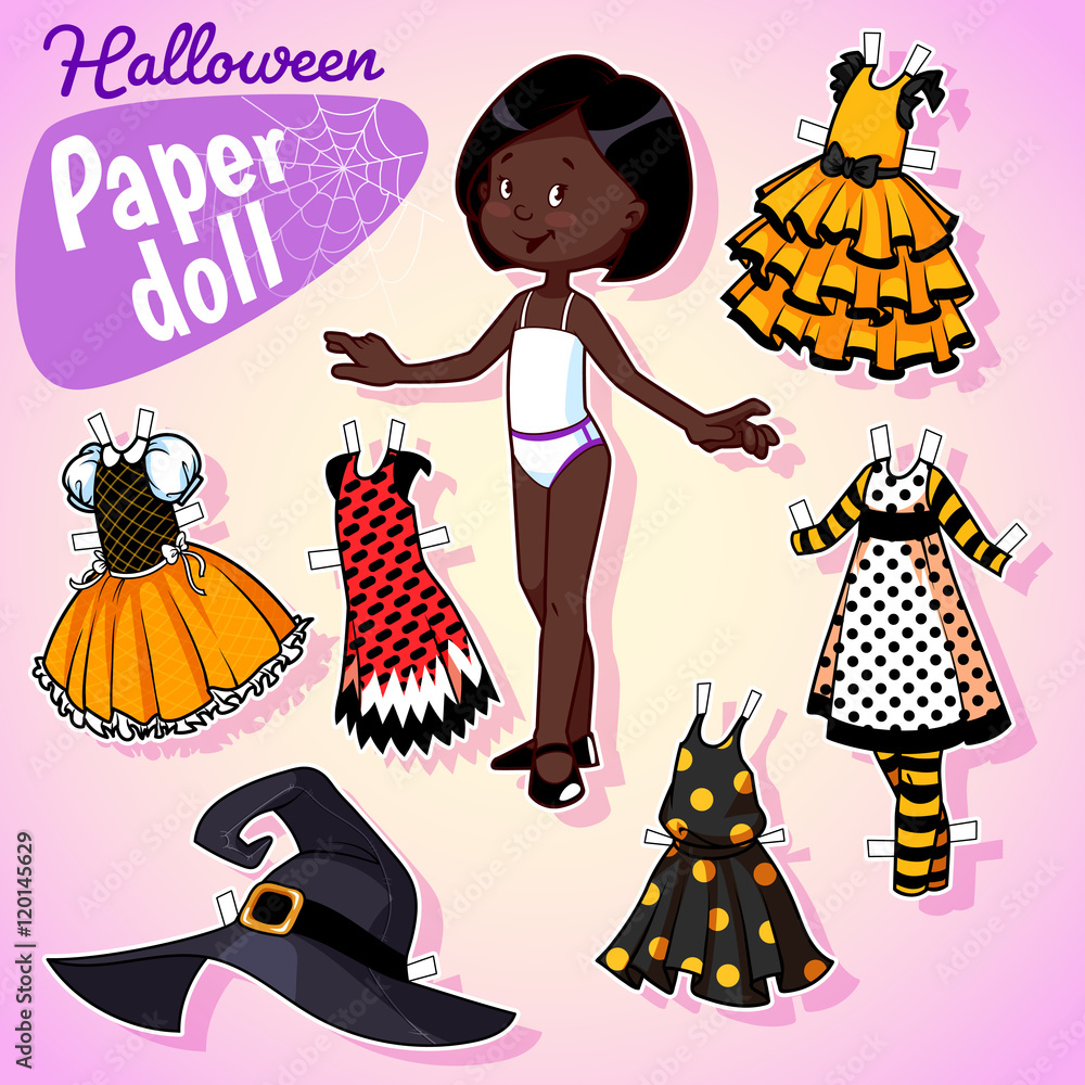 Very cute paper doll with five beautiful dresses at halloween. Stock ...