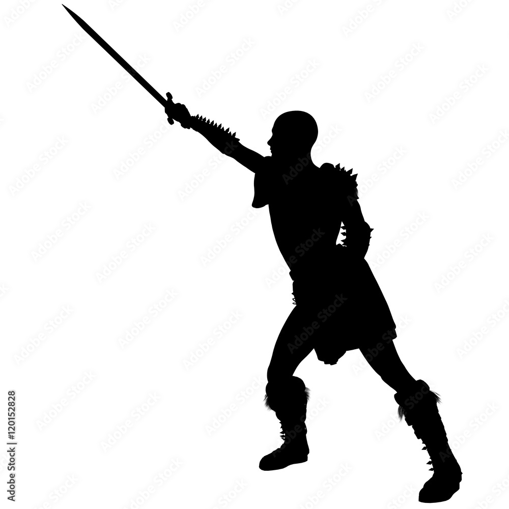 He stands to the left side to the camera. His right hand holds a sword ...