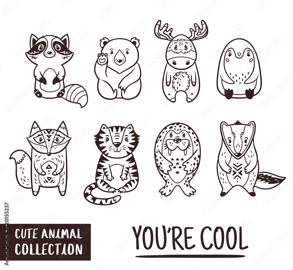 Cute animal set with cartoon characters. Outline drawing. Stock Vector ...