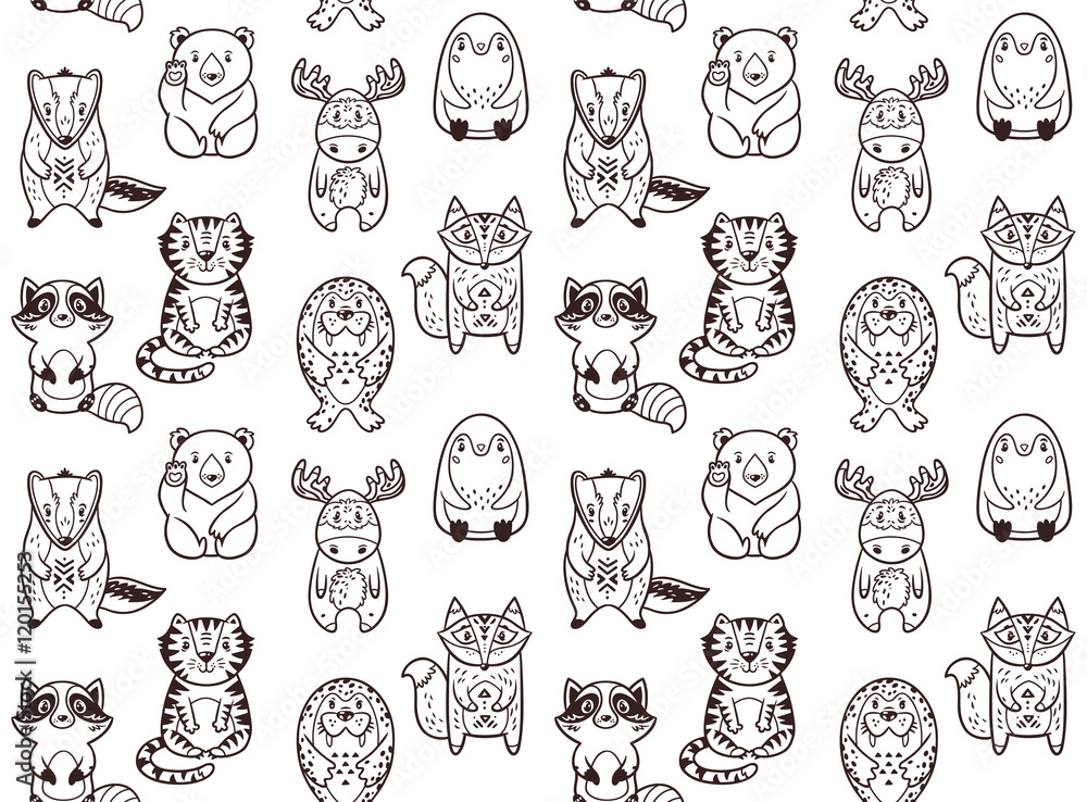 Seamless pattern with funny animals in cartoon. Vector illustration ...