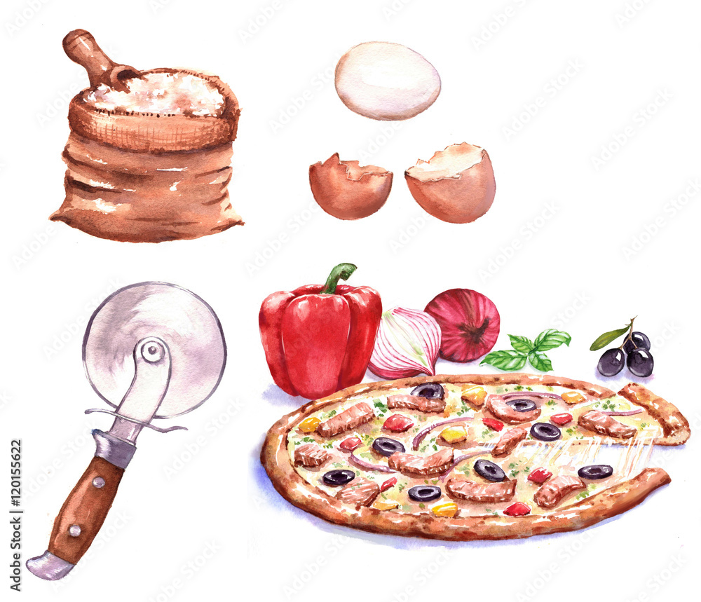 Hand-drawn watercolor illustration of different products: fresh eggs ...