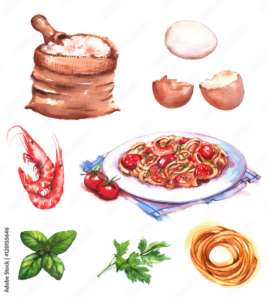 Hand-drawn watercolor illustration of different products and ...