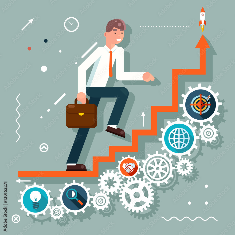 Infographic Ladder Stairs Businessman Goes to Success Symbol Gears ...
