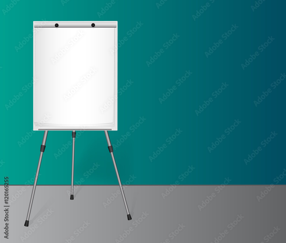 Flip chart with a blank sheet of paper on a tripod near a colored wall ...