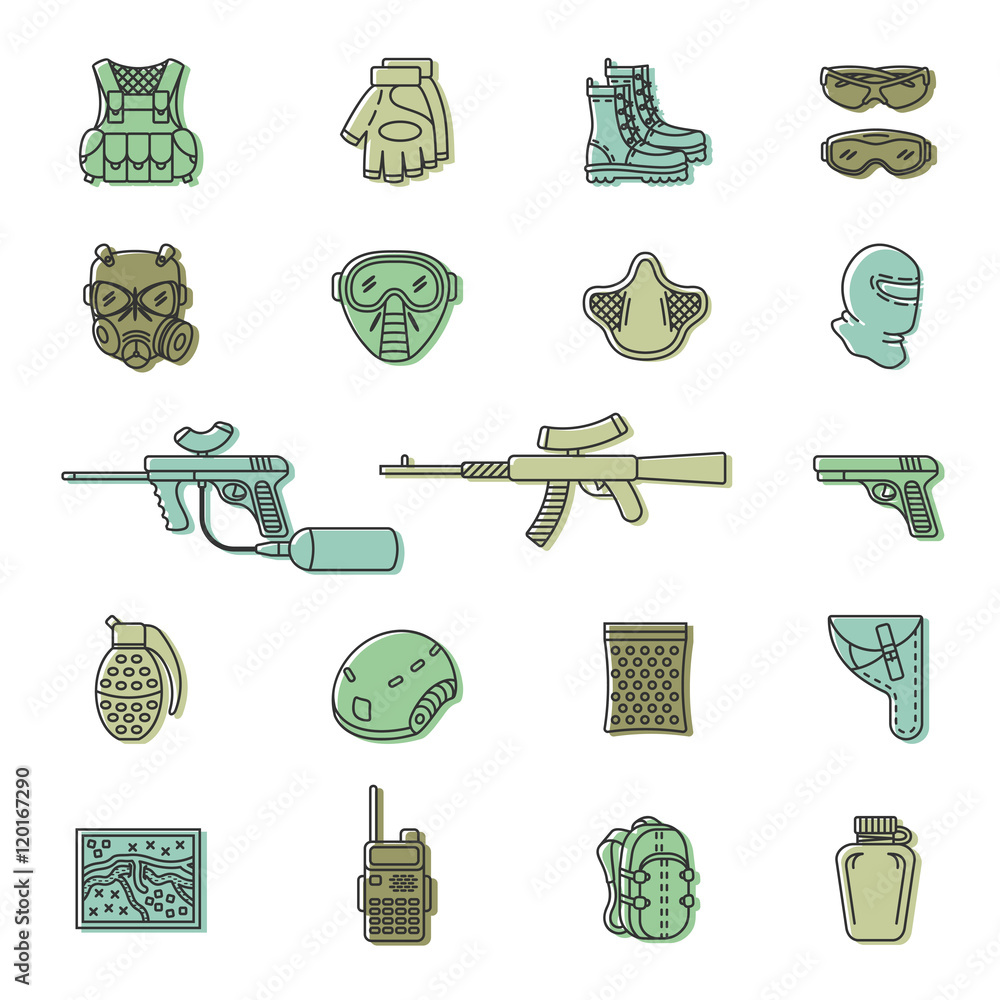 Vector set of black flat colored icons for paintball and airsoft ...