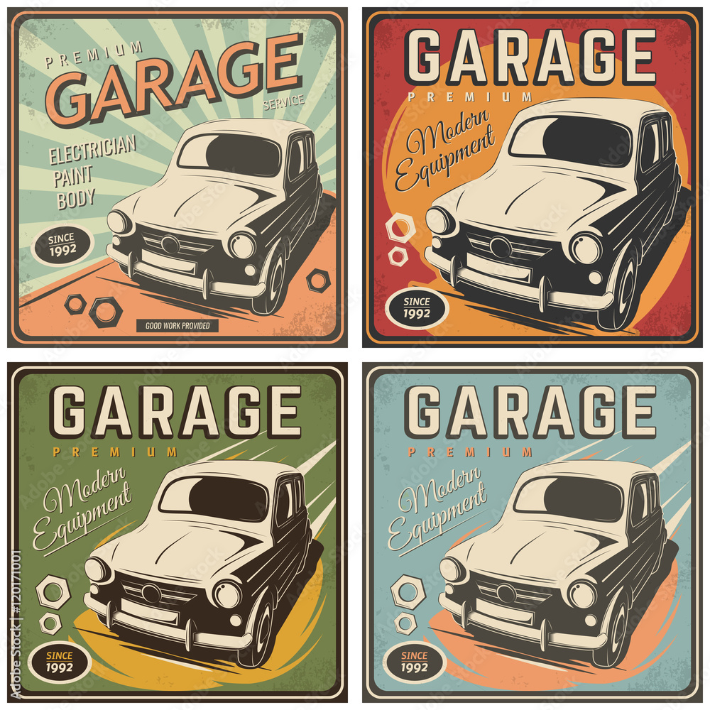 Vector illustration with the image of an old classic car, design logos ...