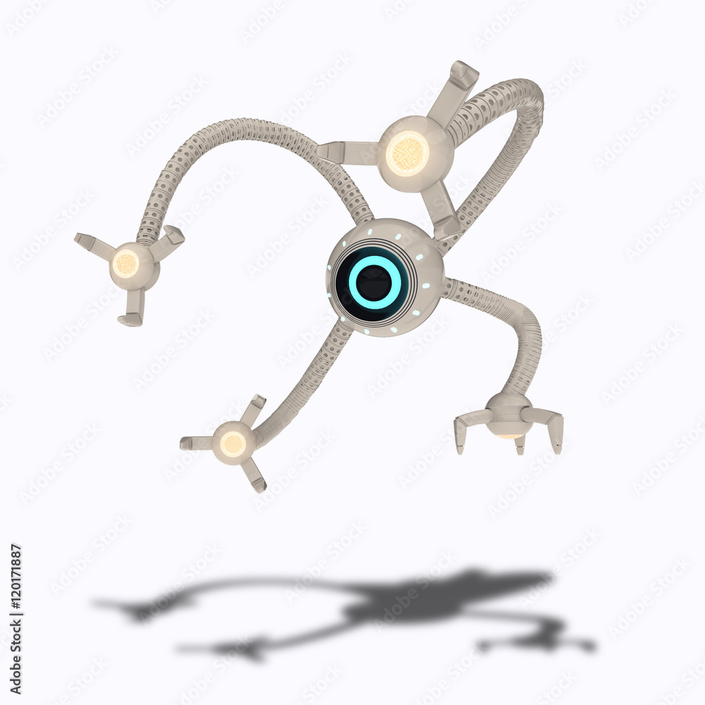 White futuristic flying robot with one eye and four bionics limbs with ...