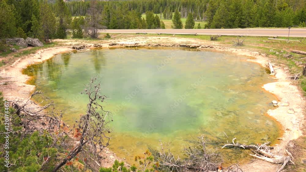 Beautiful Yellowstone Lake geyser boardwalk. Yellowstone National Park ...