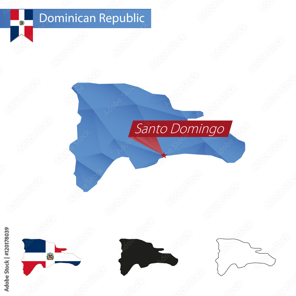 Dominican Republic blue Low Poly map with capital Santo Domingo. Stock ...