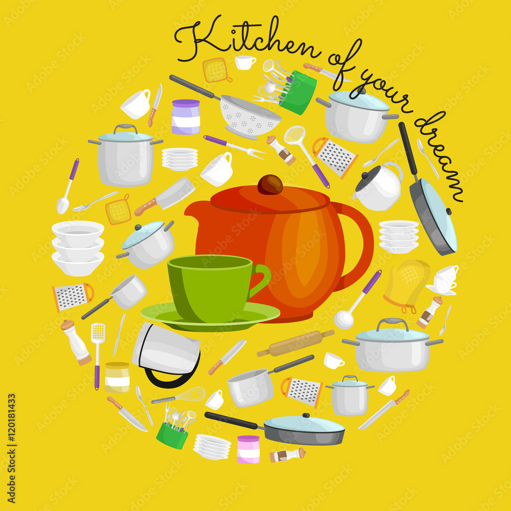 Cartoon kitchen utensil set, collection of orange teepot and green cup ...