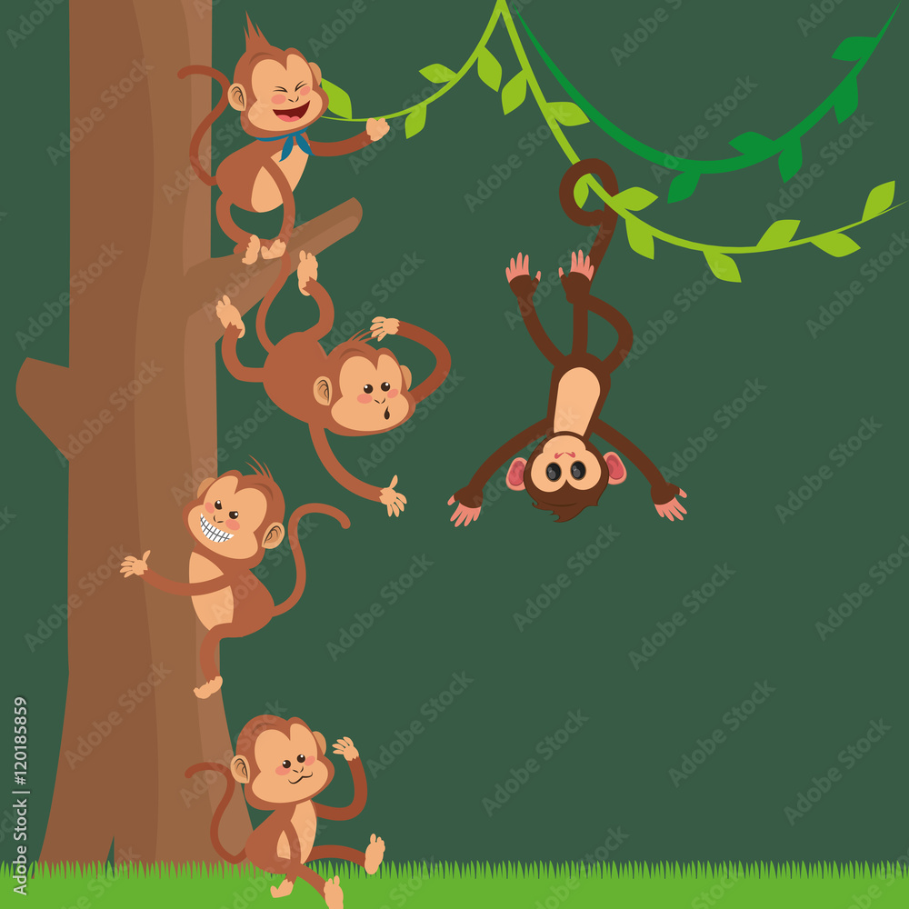 flat design happy playful jungle monkeys hanging cartoon vector ...