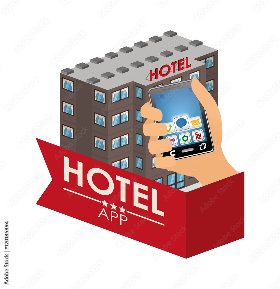 Smartphone and hotel building with apps icon set. Service technology ...
