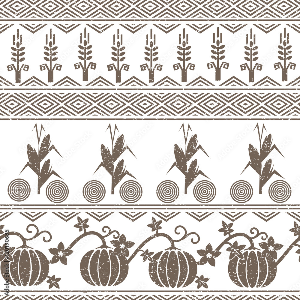 Stylized seamless background with wheat, corn, pumpkins, and native ...