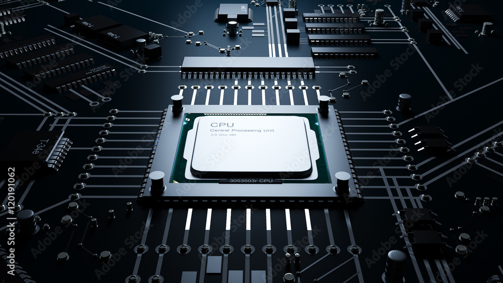Cpu on a motherboard. technology background. High resolution 3d render ...