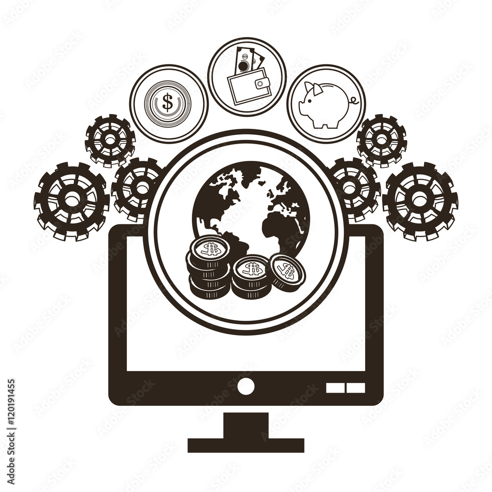 Computer planet coins and icon set. Money economy commerce and market ...