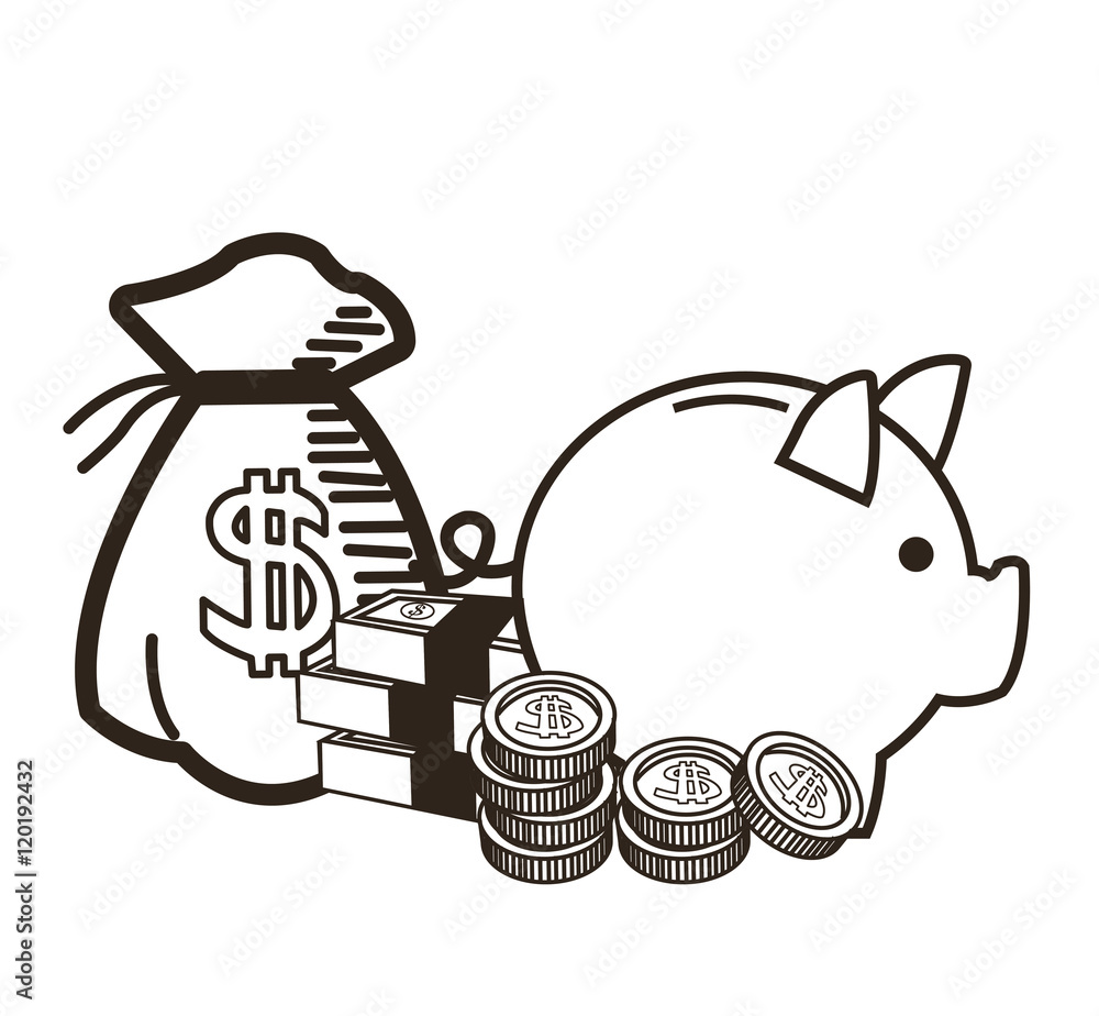 Piggy bag bills and coins icon. Money economy commerce and market theme ...