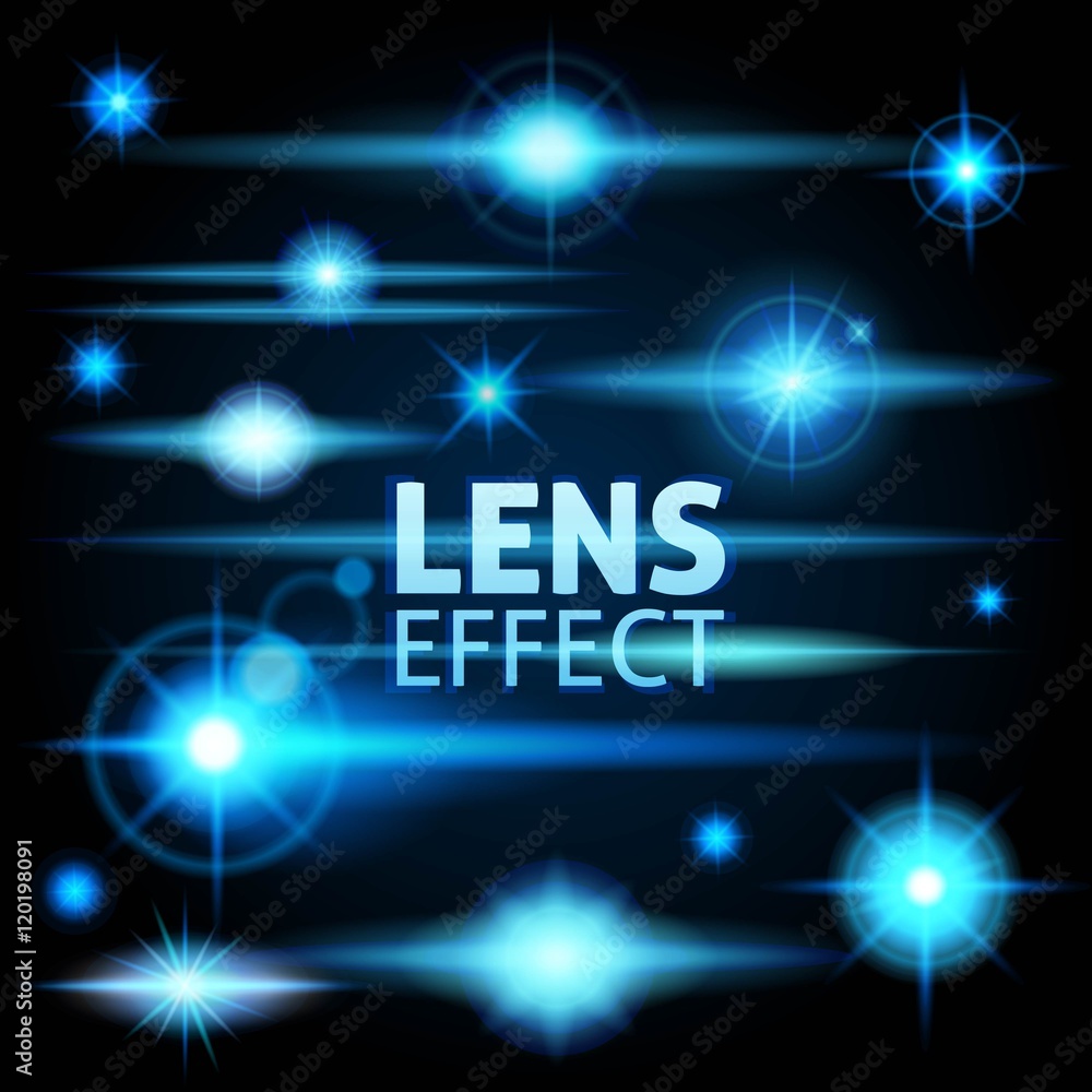 Realistic glare and rays bright flash of blue light on a dark ...