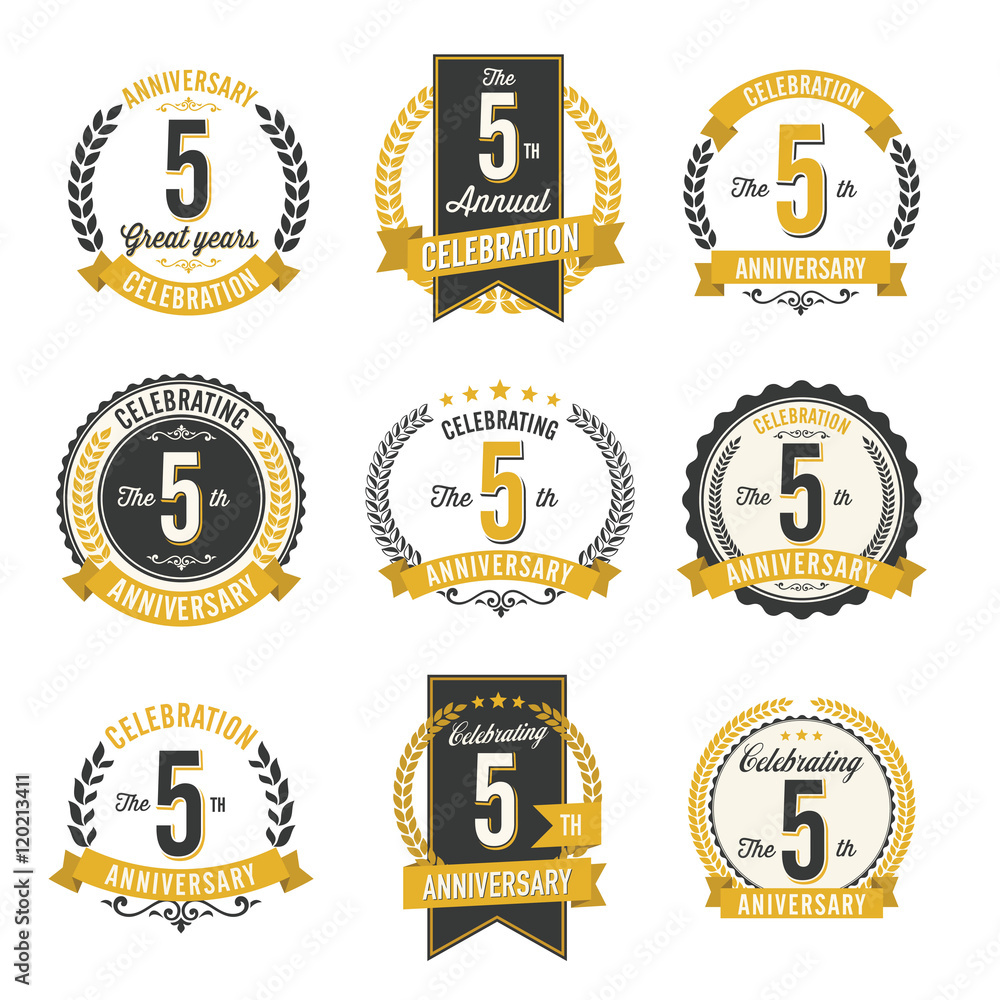 Set of Retro Anniversary Badges 5th Year Celebration Stock Vector ...