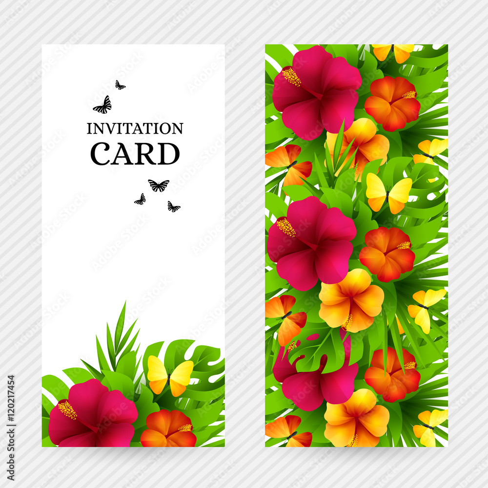 Tropical invitation card with exotic hibiscus flower and butterflies ...