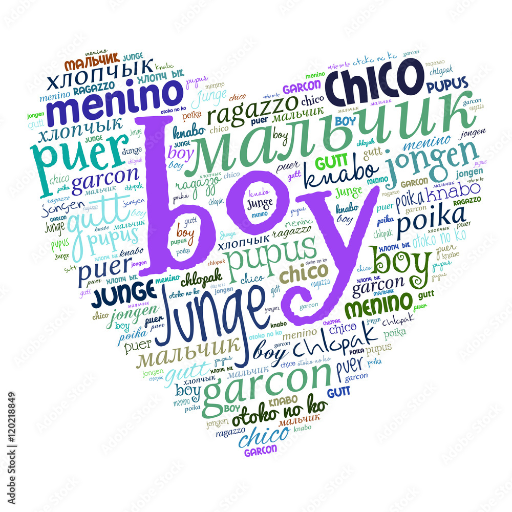 Creative tag cloud filled by word boy in different languages on white ...