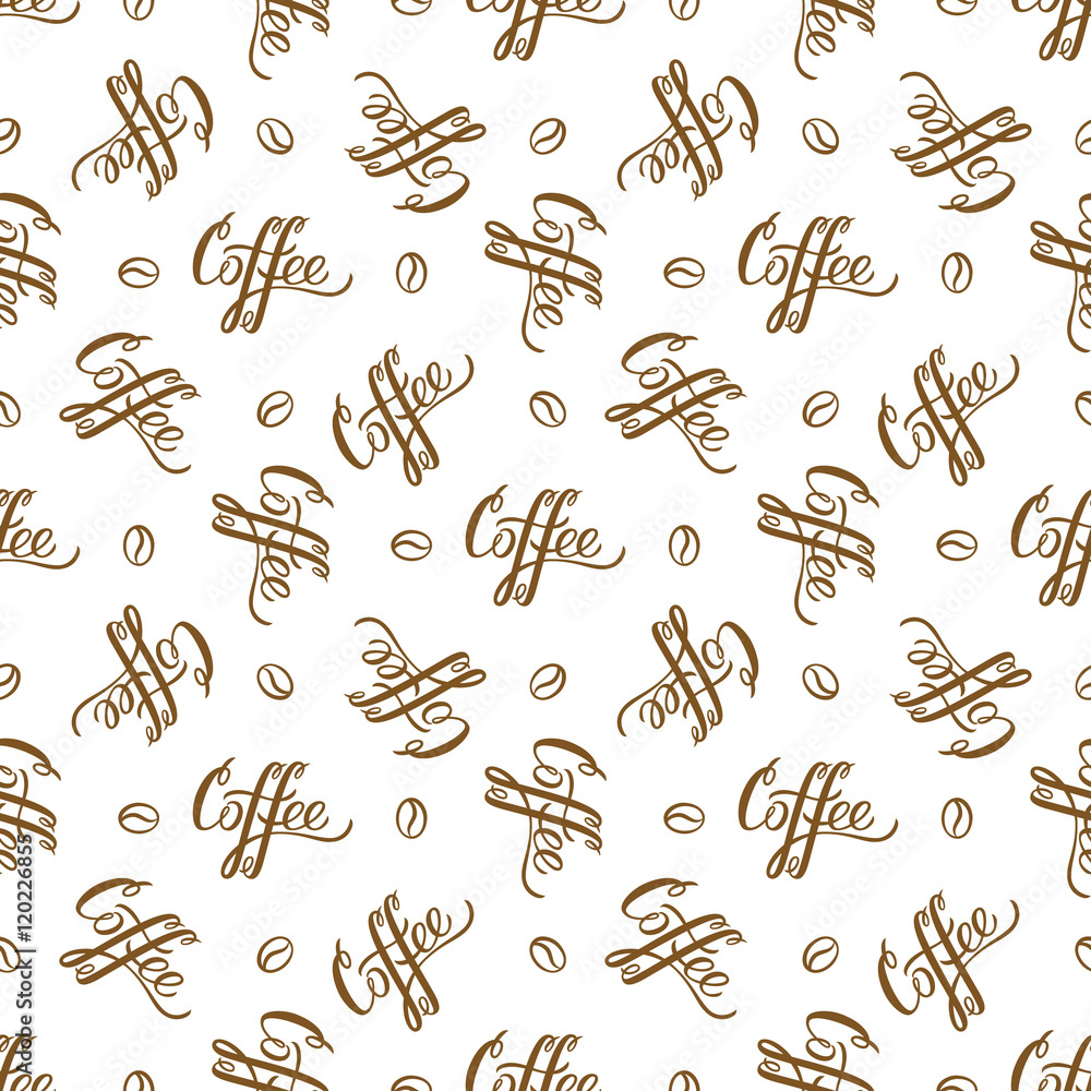 Vector seamless pattern with handrawn lettering "Coffee" and coffee ...