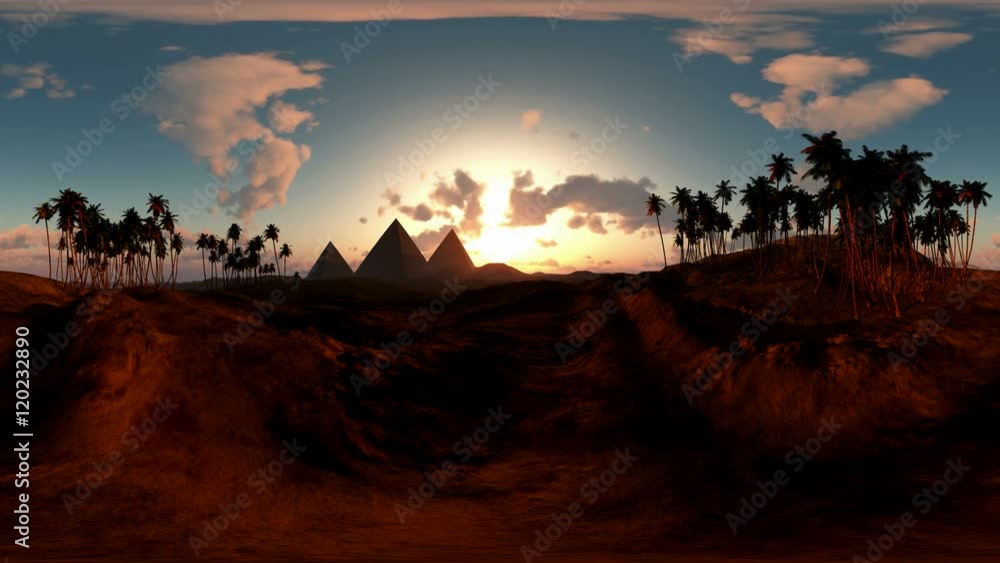 panoramic of egyptian pyramid in desert at sunset. made with the one ...