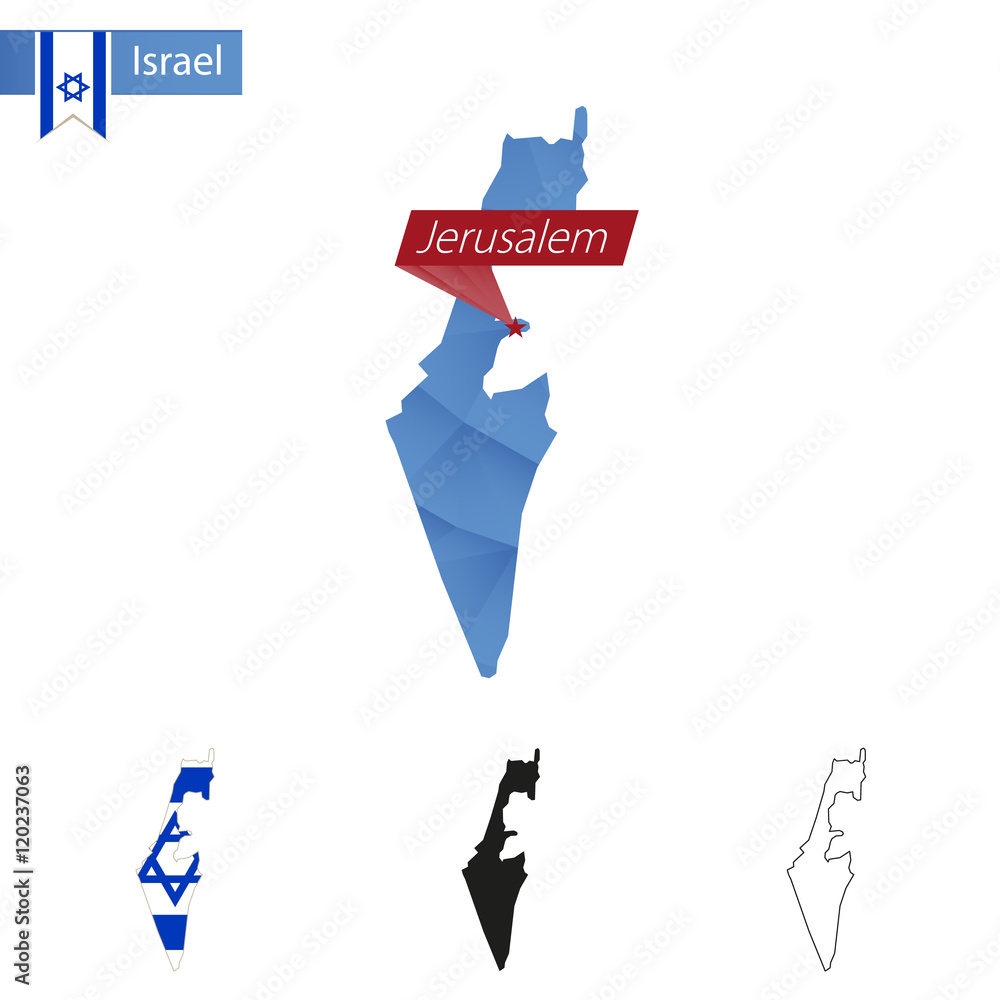Israel blue Low Poly map with capital Jerusalem. Stock Vector | Adobe Stock