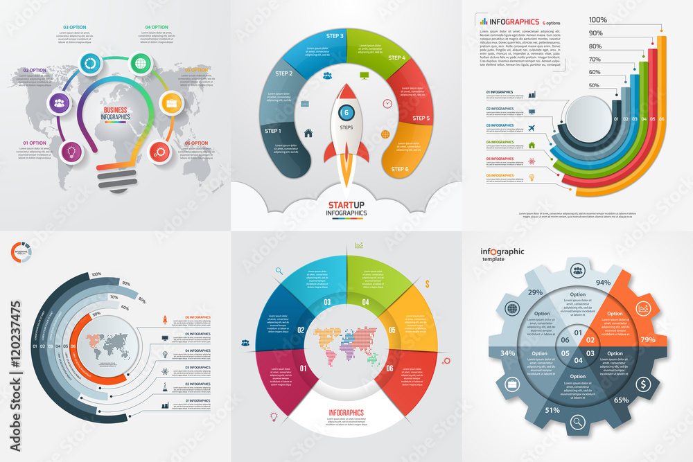 Set of six infographic 6 options, steps, parts, processes templates ...