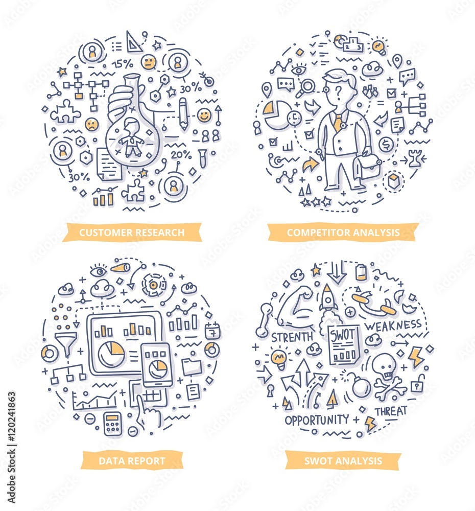 Research & Analysis Doodle Illustrations Stock Vector | Adobe Stock