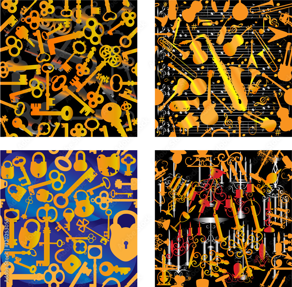 4 Seamless Patterns: Music, Keys, Locks, Candles Stock Vector | Adobe Stock