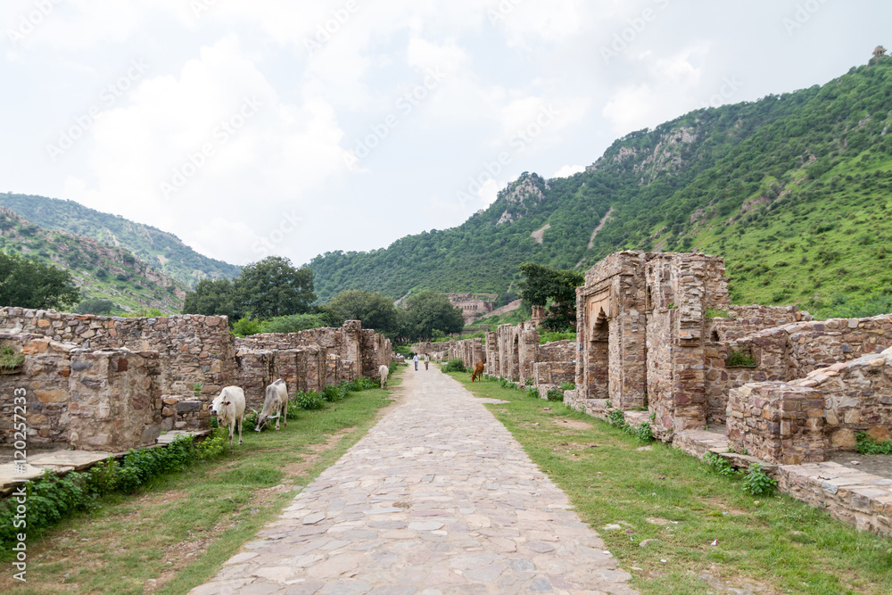 The historical ruins of the now famous Bhangarh Fort with ruins of ...