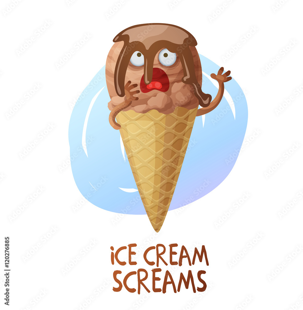 Cartoon ice cream screams illustration. Cute print. Scared face icon ...