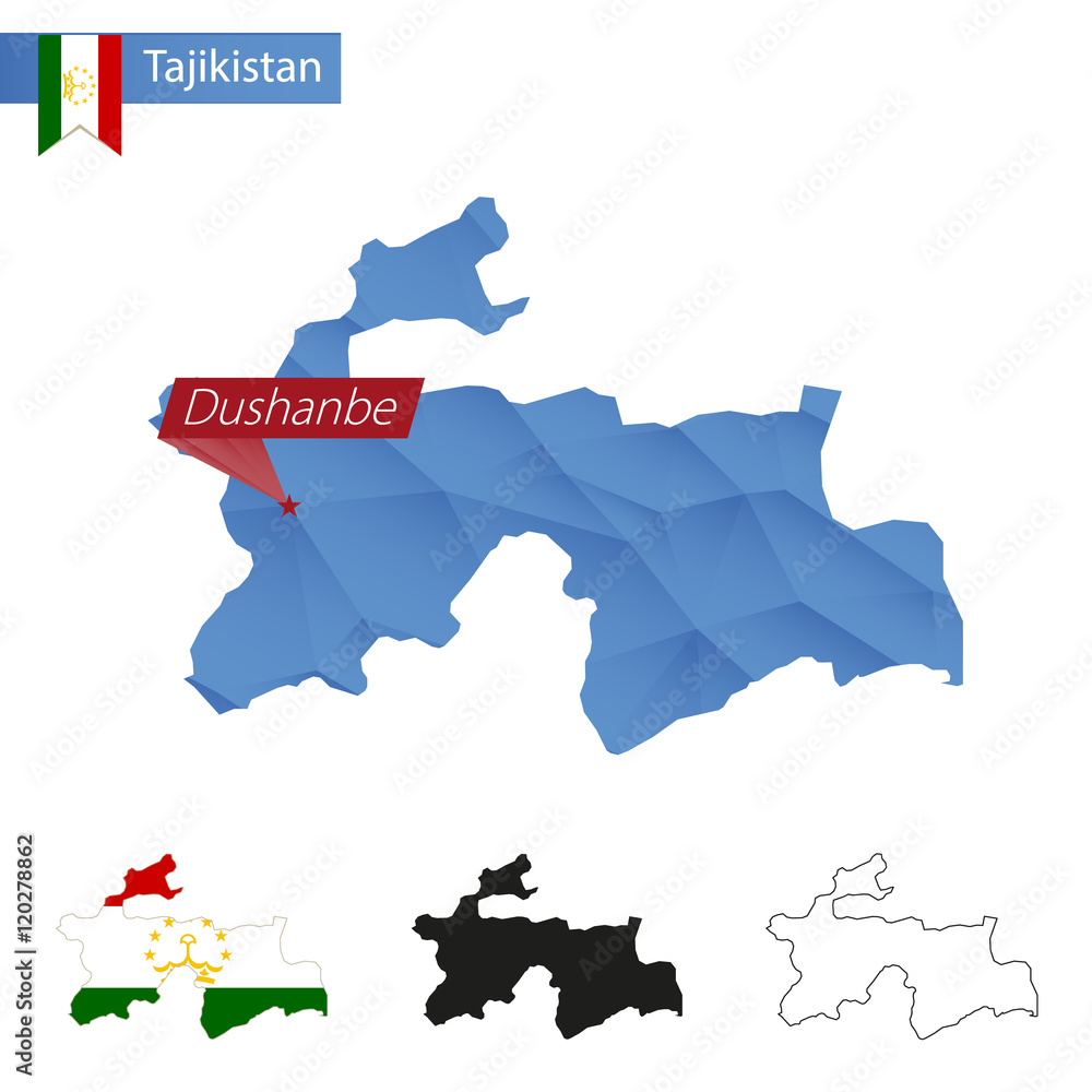 Tajikistan blue Low Poly map with capital Dushanbe. Stock Vector ...