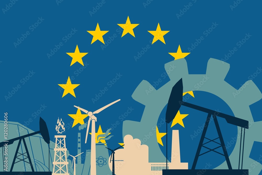 Energy and Power icons set with European Union flag. Sustainable energy ...