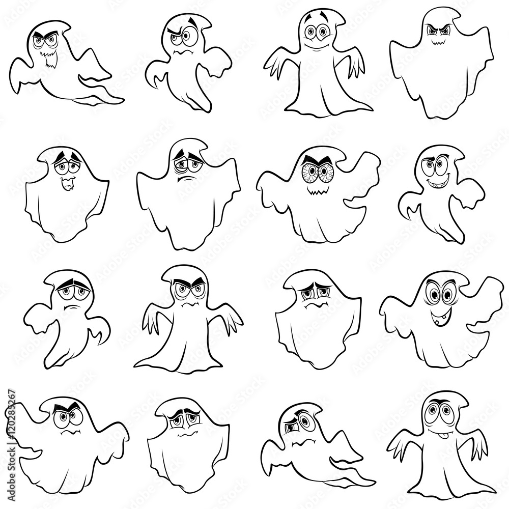 Set of sixteen funny flying ghost outlines Stock Vector | Adobe Stock