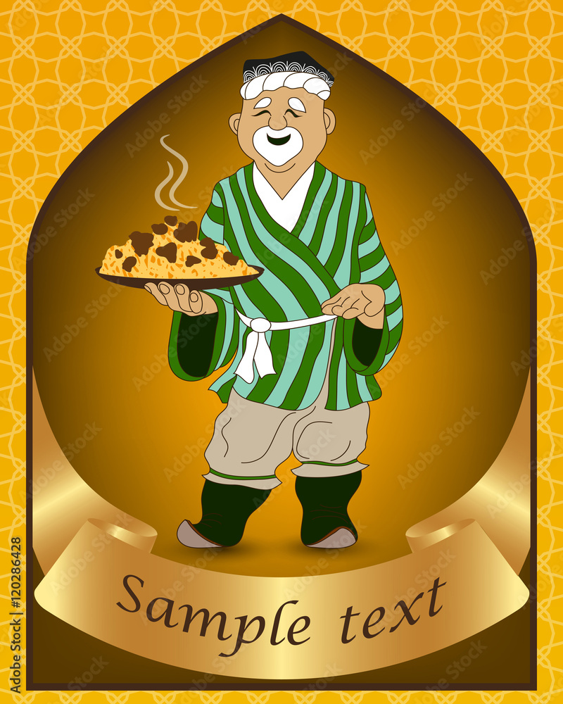 Cartoon doodle hand draw an Uzbek man prepares and invites pilaf - the ...