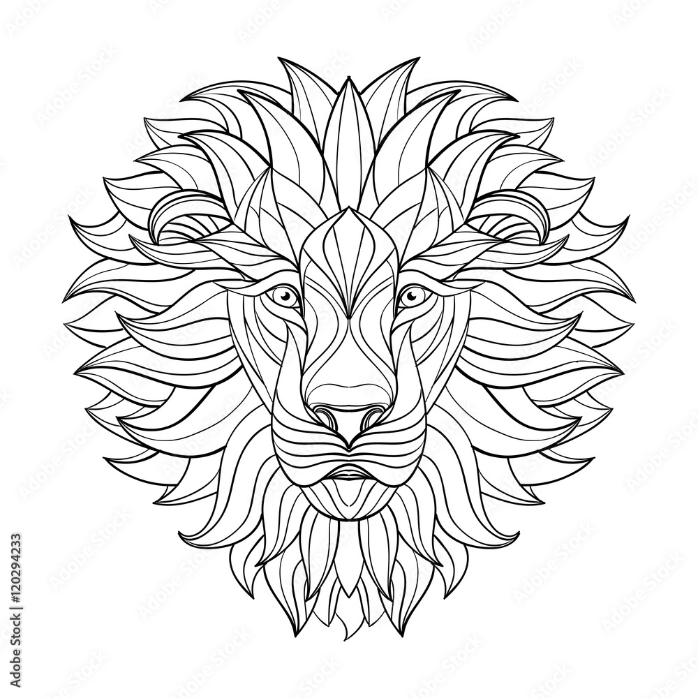 Detailed Lion in aztec style. Patterned head of the lion on isolated ...