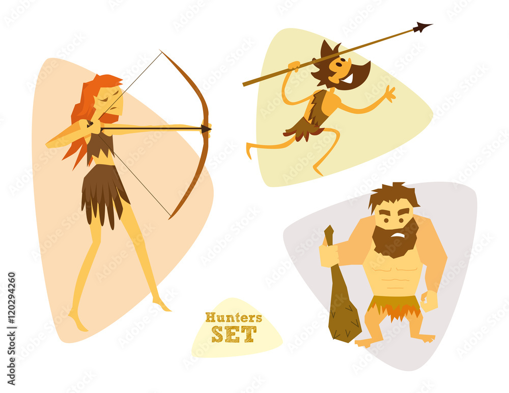 Funny cartoon hunters set. Hunter cartoon set. Different characters ...