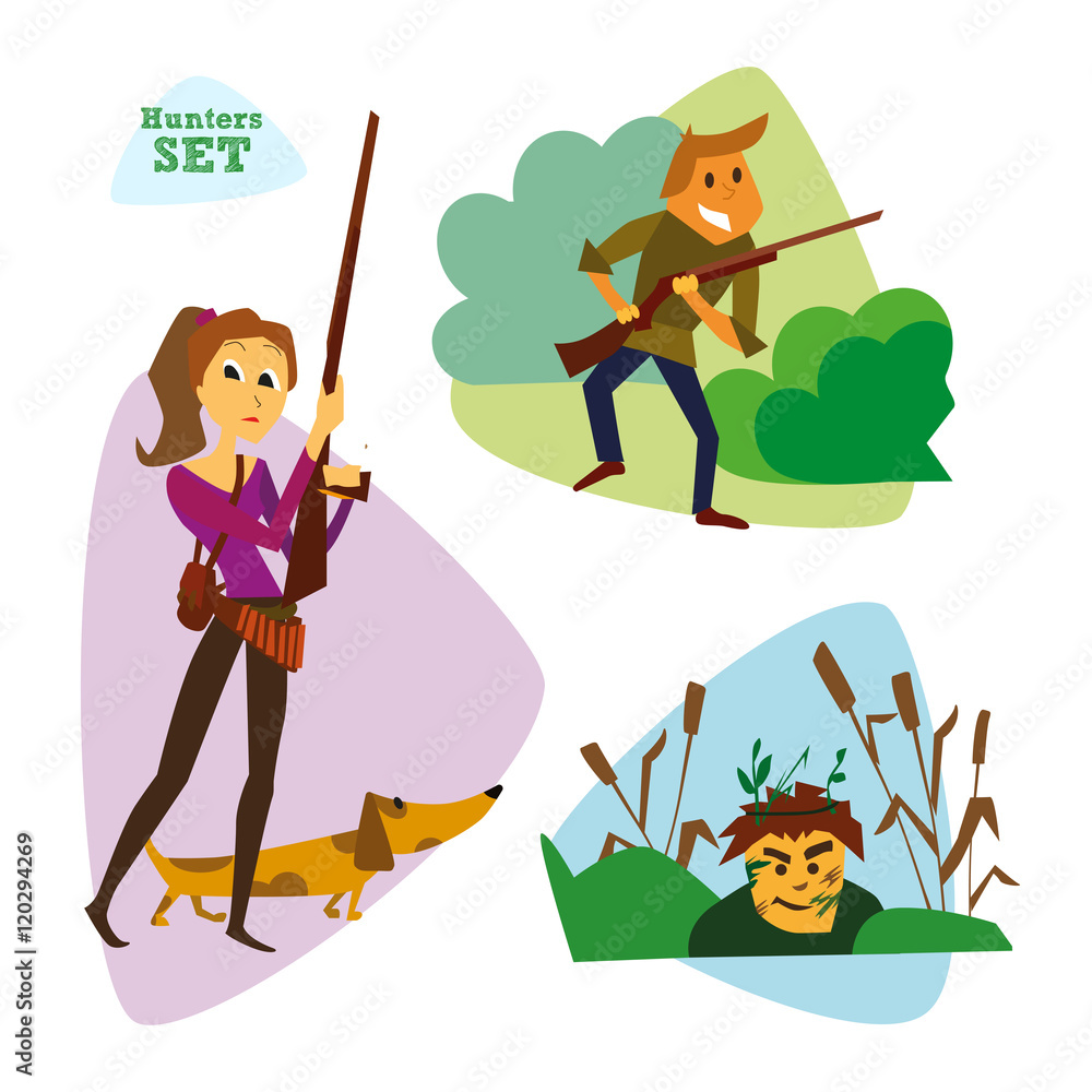 Funny cartoon hunters set. Hunter cartoon set. Different characters ...