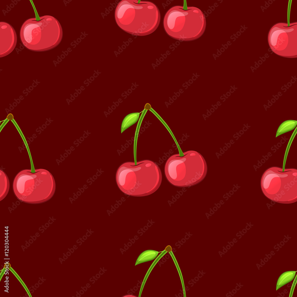 Cartoon cherries with leaves on a brown background. Cute seamless ...