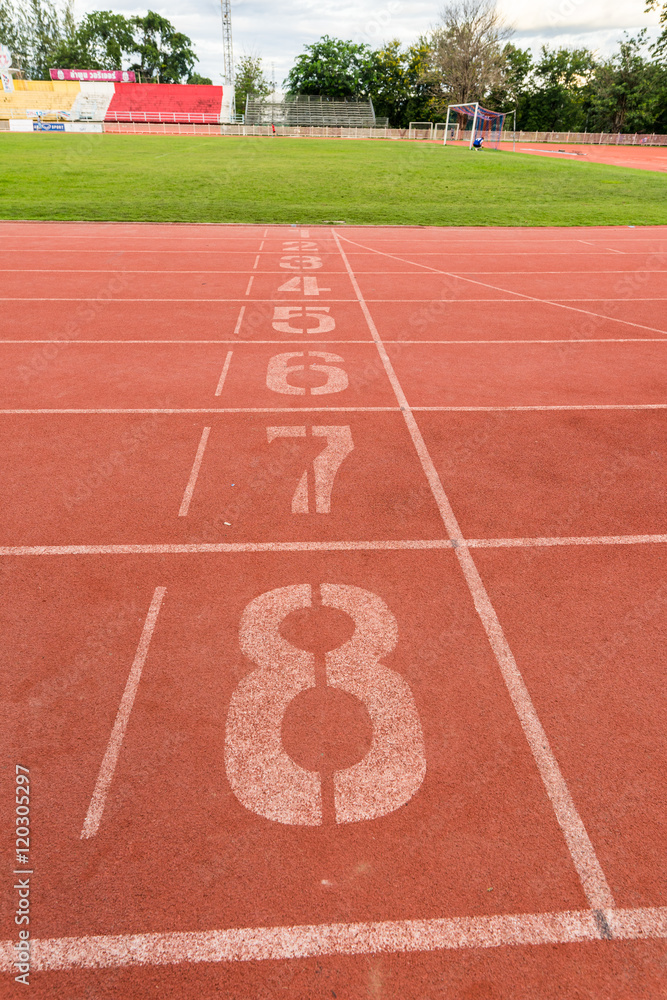 athletic track number on red rubber racetrack, texture of runnin Stock ...