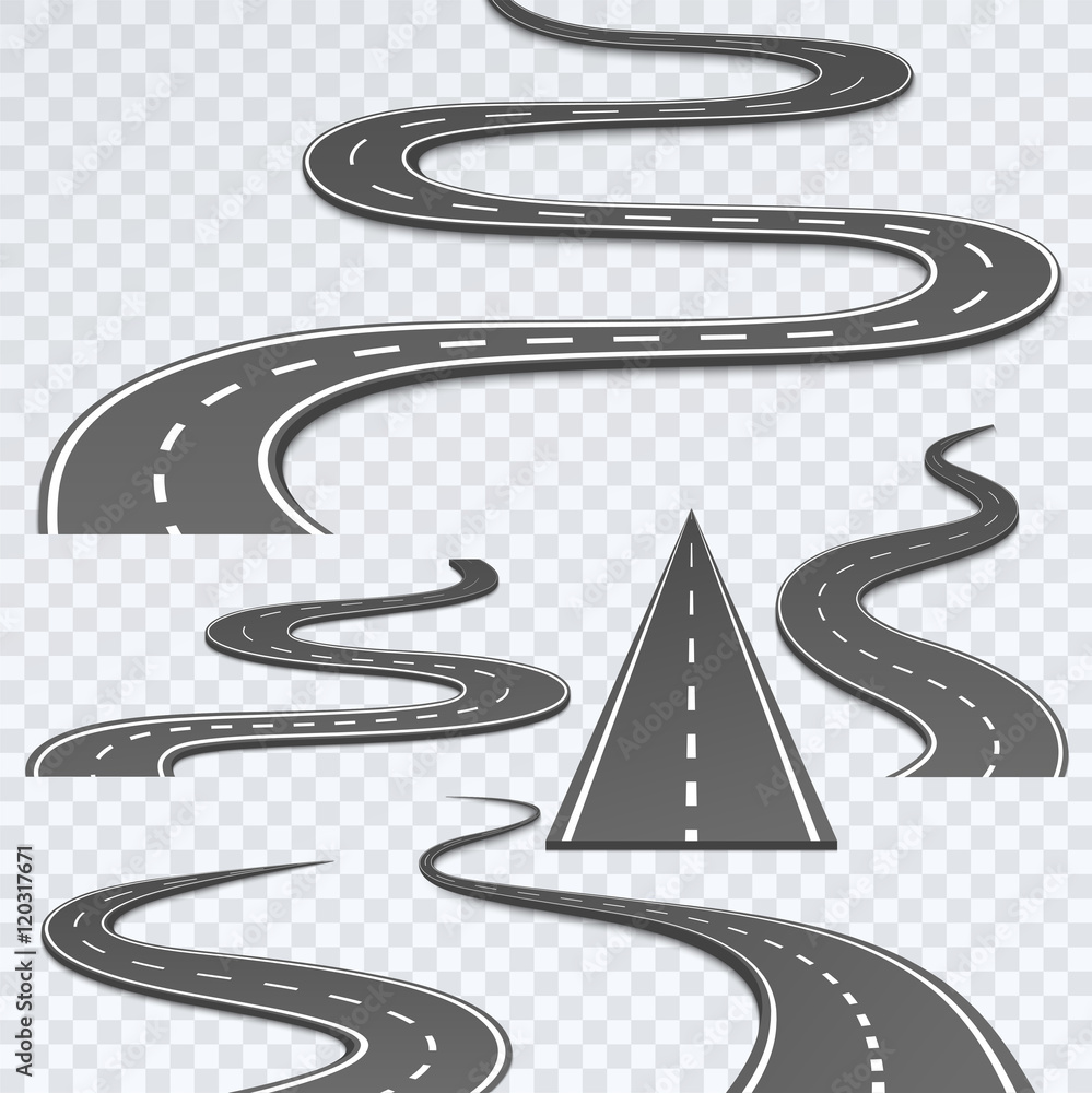 Road with white stripes on a plaid background. Set curved routes. Stock ...