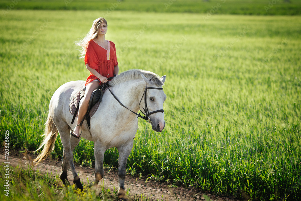 Beautiful blonde girl riding a horse in countryside Stock Photo | Adobe ...