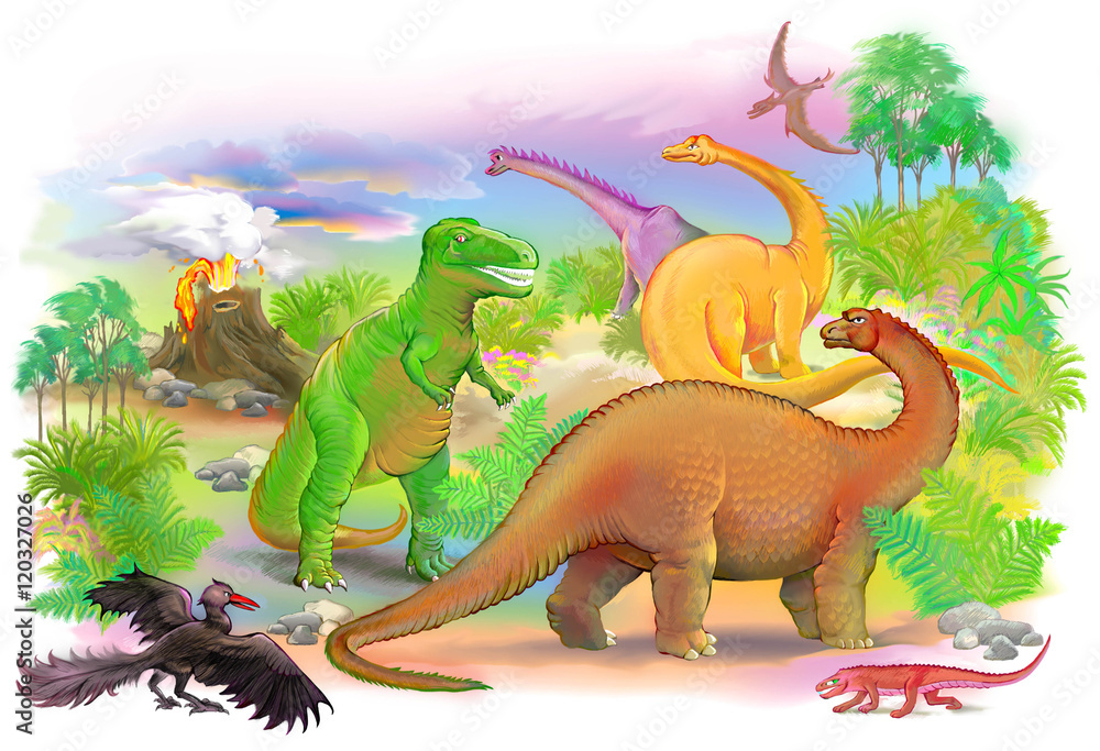 World of prehistoric animals. Illustration drawing on computer by ...