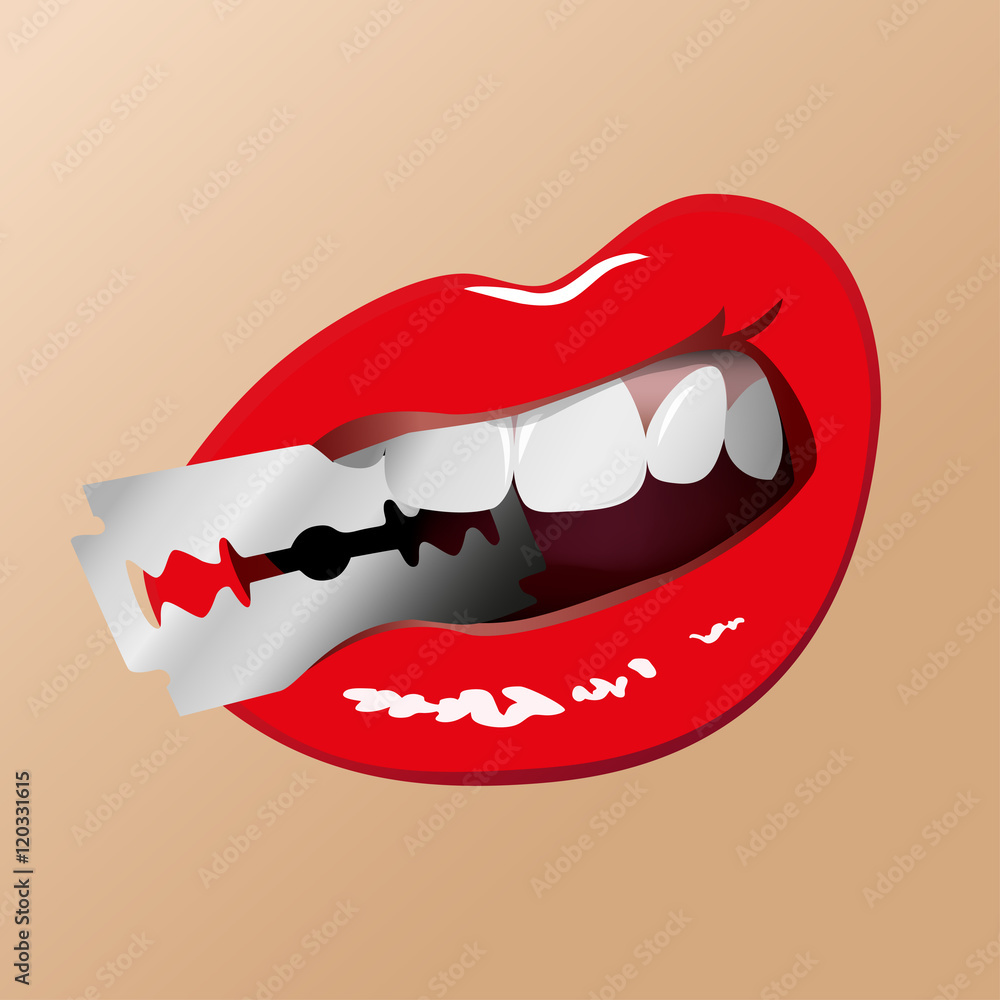 Red lips. Between the upper and lower lip holds steel blade Stock ...