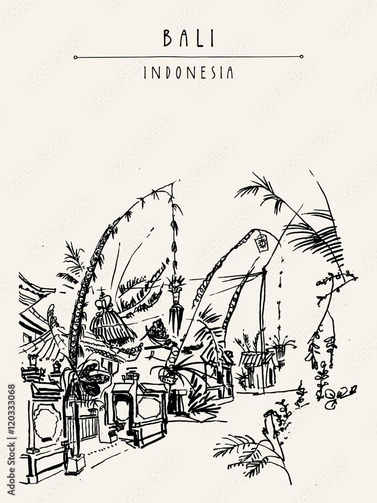 Penjor, traditional street decoration in Bali, Indonesia. Village ...