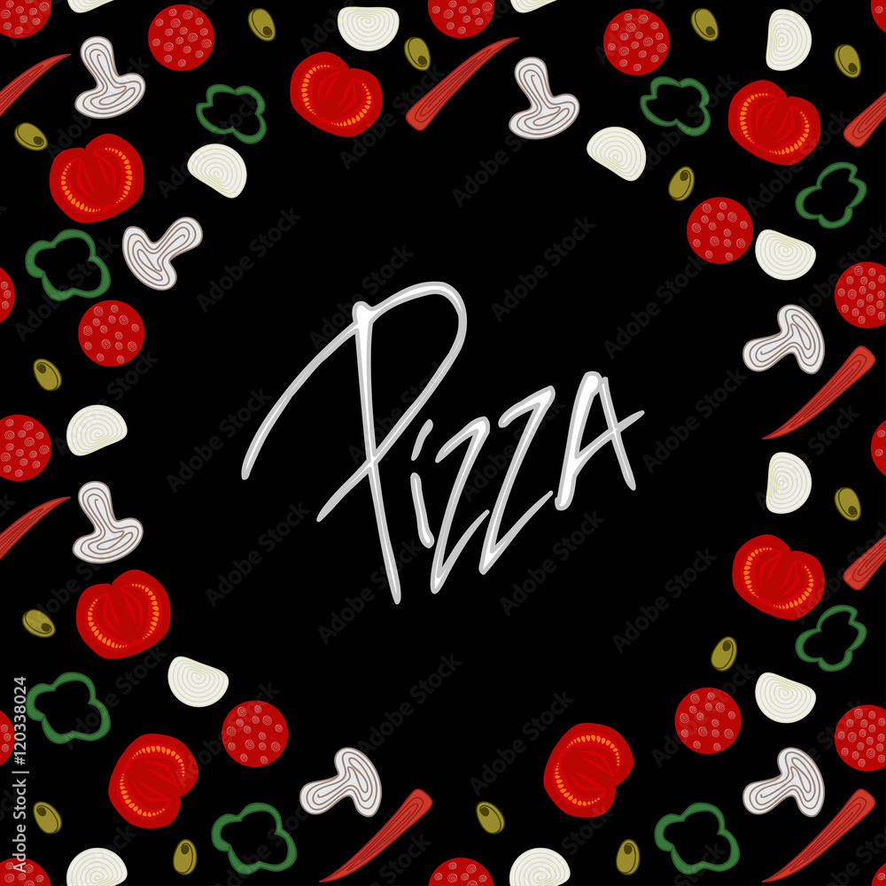 Cute funny background border frame with various pizza ingredients ...