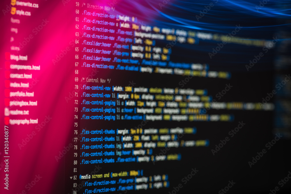 HTML and CSS code developing screenshot with light effects. Stock Photo ...